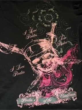 Disney | Tops | Disney Pirates Black Tee With Pink Skull Accents | Poshmark